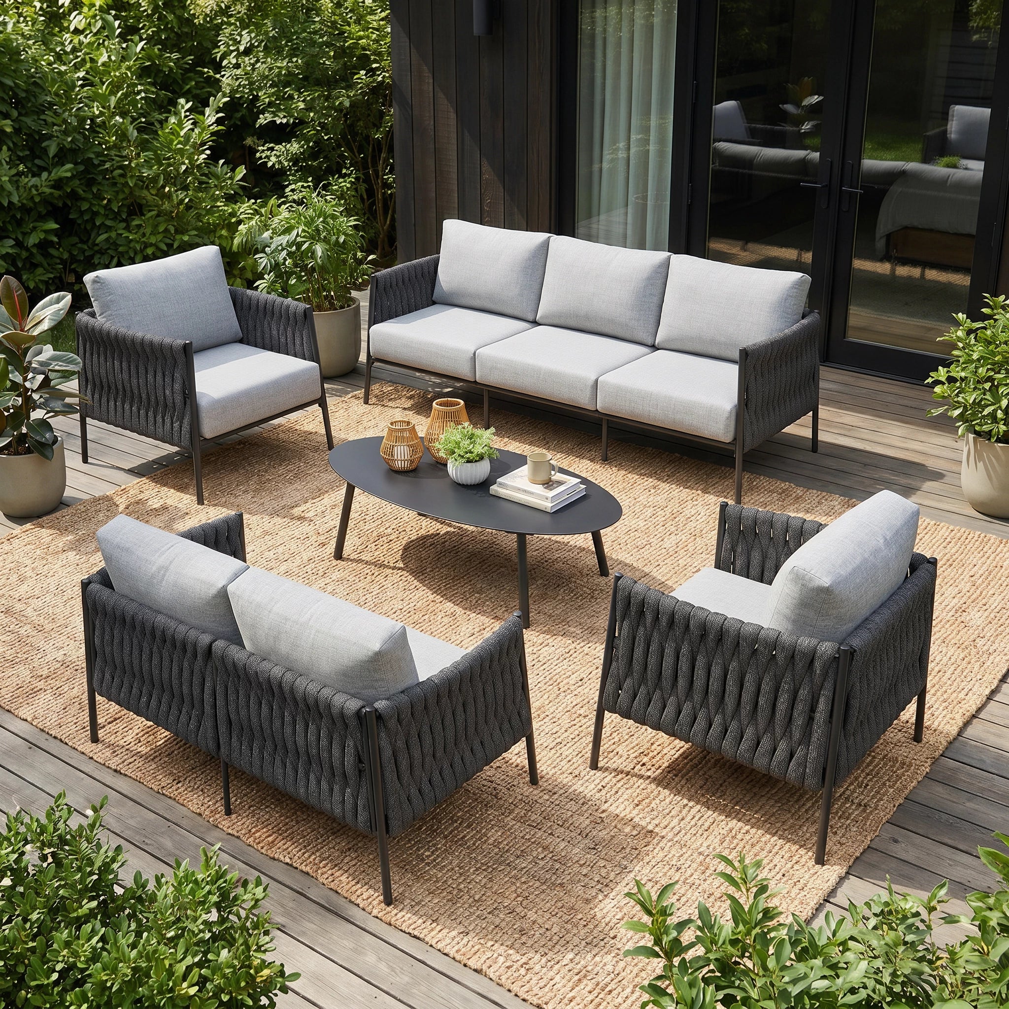 LayinSun 5-Piece Modern Woven Rope Outdoor Furniture Set with Oval Tab